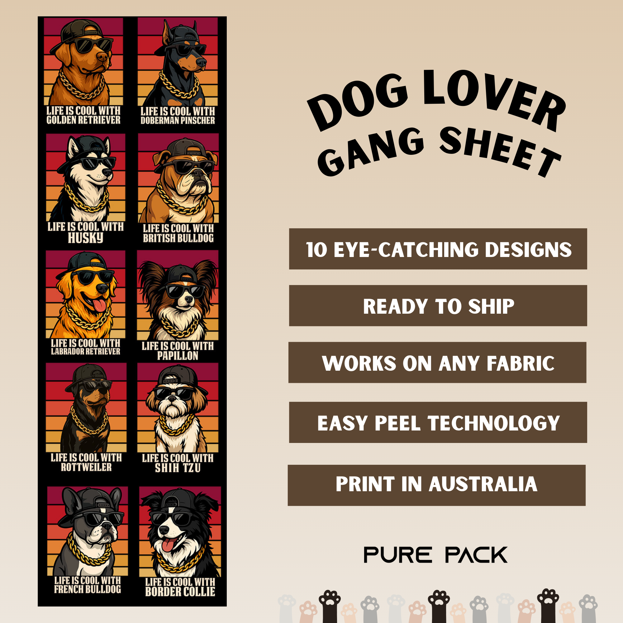 Dog Lover - Pre-made DTF Heat Transfer Gang Sheet - Pure Pack Australia